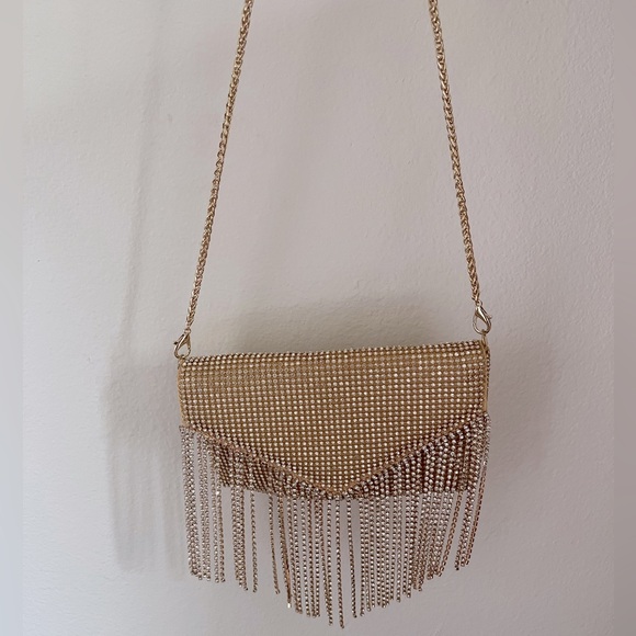 Bags | Gold Sequin Clutch With Chain | Poshmark
